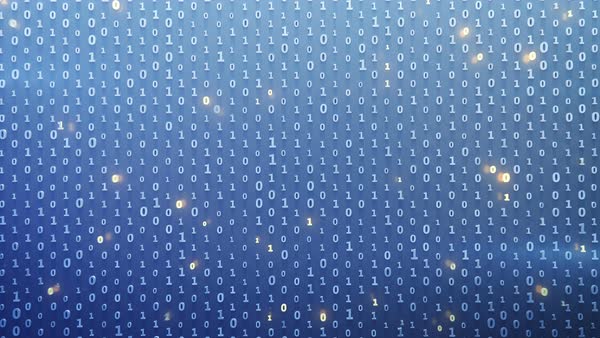 Blue matrix of binary code with illuminating symbols. Abstract computer related graphic ...