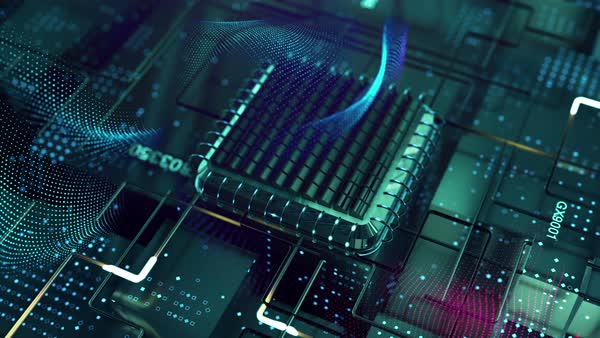 Virtual data transfer futuristic cyber computer technology CPU processor on database circuit ...