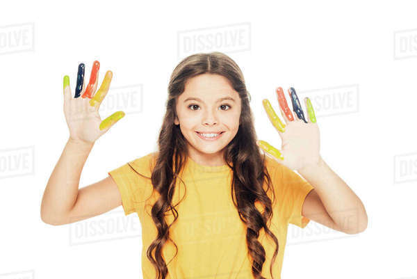 Beautiful happy kid showing colorful painted hands and smiling at ...