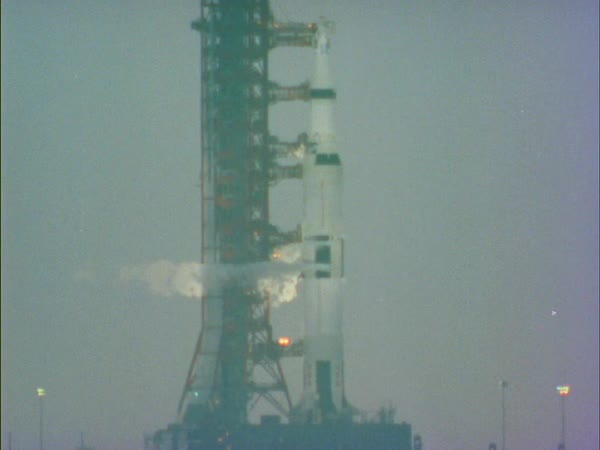 Apollo 11 Saturn V rocket on the launch pad, July 1969. The Apollo 11 mission was launched from ...