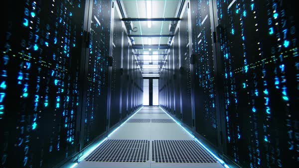 Data Center Matrix Style Numbers Raining in Server Racks. Animation Visualizing and Digitalizing ...