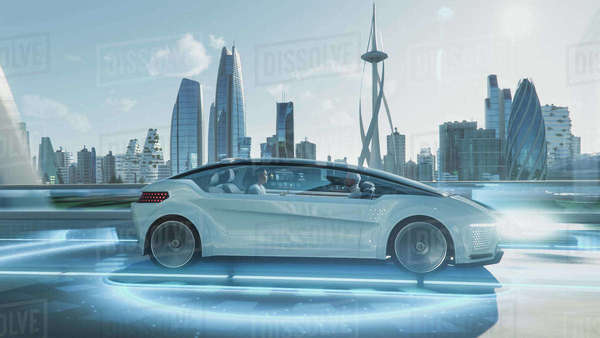 Shot of a Futuristic Self-Driving Van Moving on a Public Highway in a Modern City with Glass ...