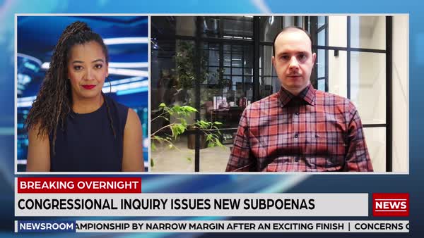 Live Report TV News Anchor Interviews Expert. Female Presenter Talks with Male Guest Economy ...