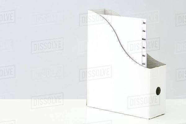 Box holding file folder with tabs with month abbreviations on them ...
