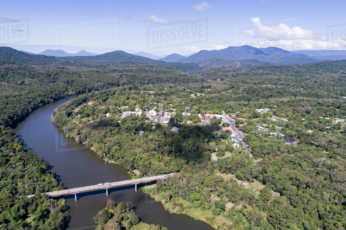 Australia, Queensland, Landscape with bridge and mountain range in ...