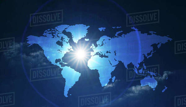 World map against sun and clouds - Royalty-free Stock Photo | Dissolve