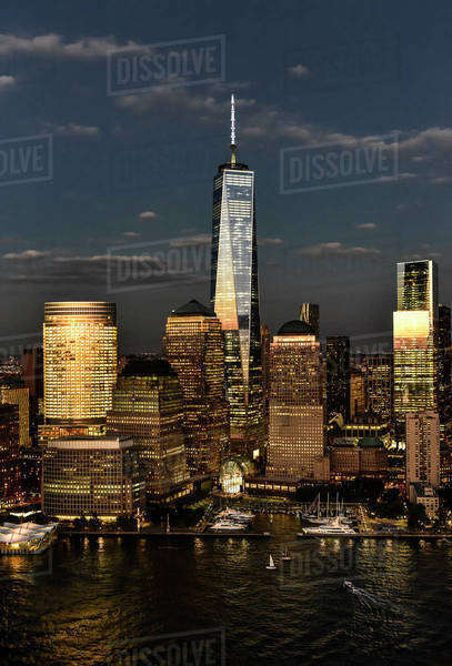 Aerial view of city with Freedom tower at night - Royalty-free Stock ...