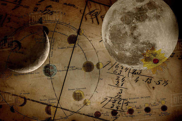 Ancient map showing phases of Moon with photos of Moon superimposed ...