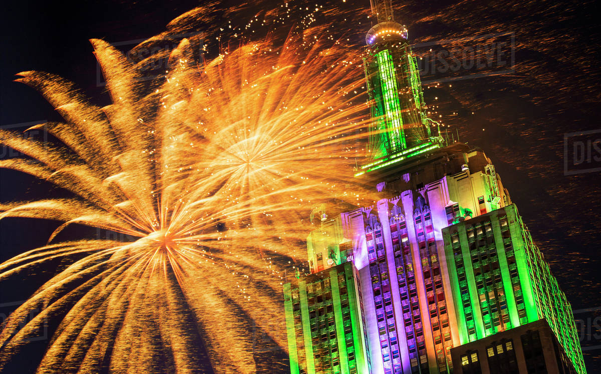 Empire state building with firework display - Royalty-free Stock Photo ...