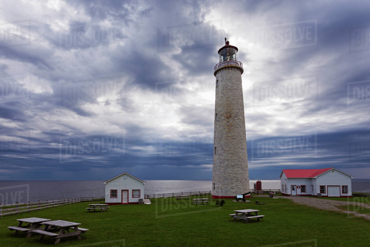 Lighthouse in green camping ground against clouded sky - Stock Photo ...