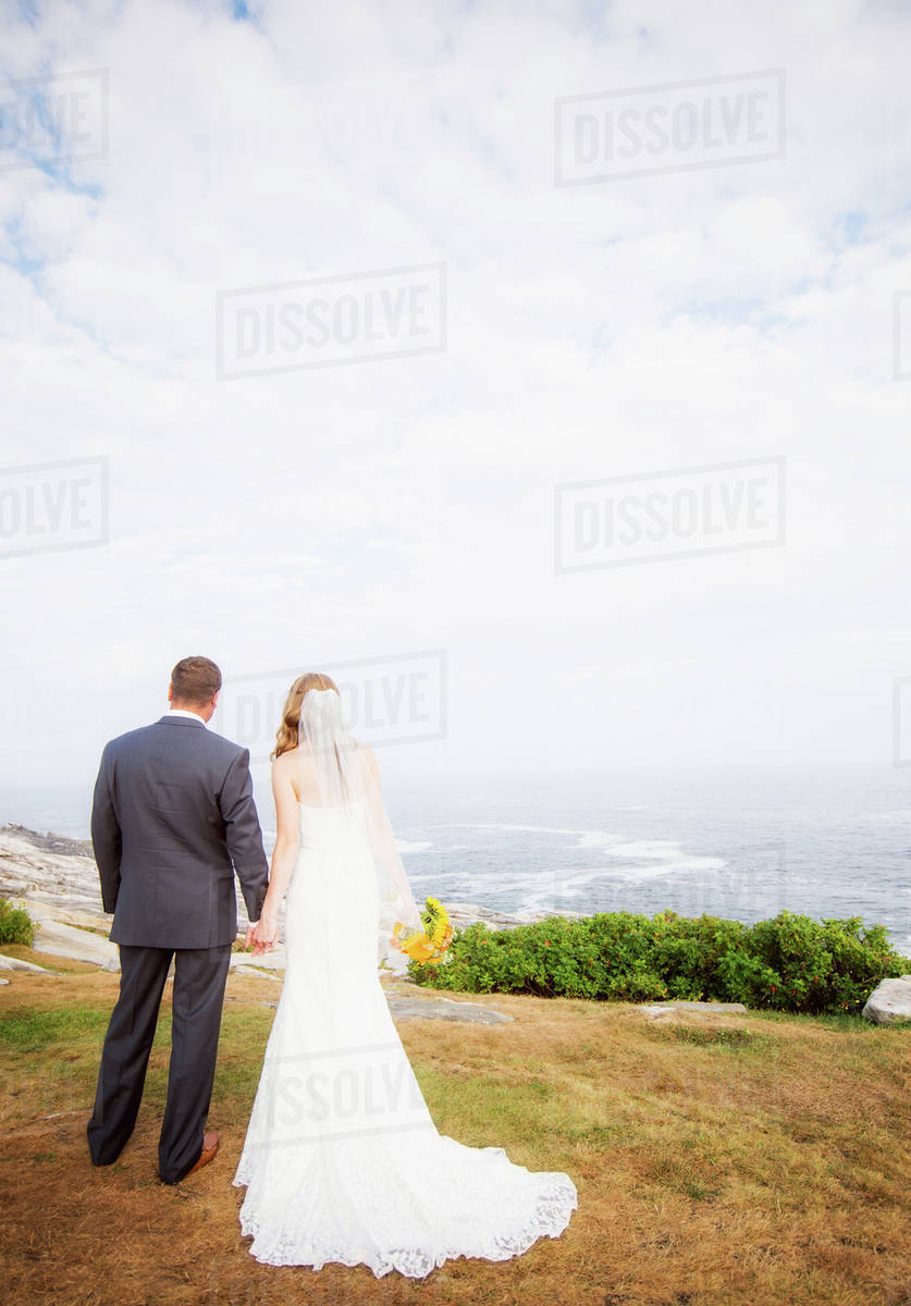Rear view of married couple standing by sea - Royalty-free Stock Photo ...