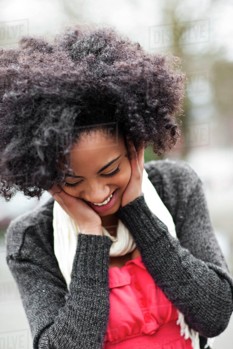 USA, Washington State, Seattle, young woman smiling - Stock Photo ...