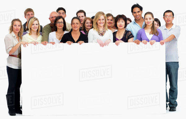 Group of people holding blank billboard - Stock Photo - Dissolve