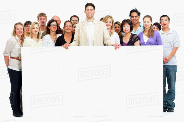 Group of people holding blank billboard - Stock Photo - Dissolve