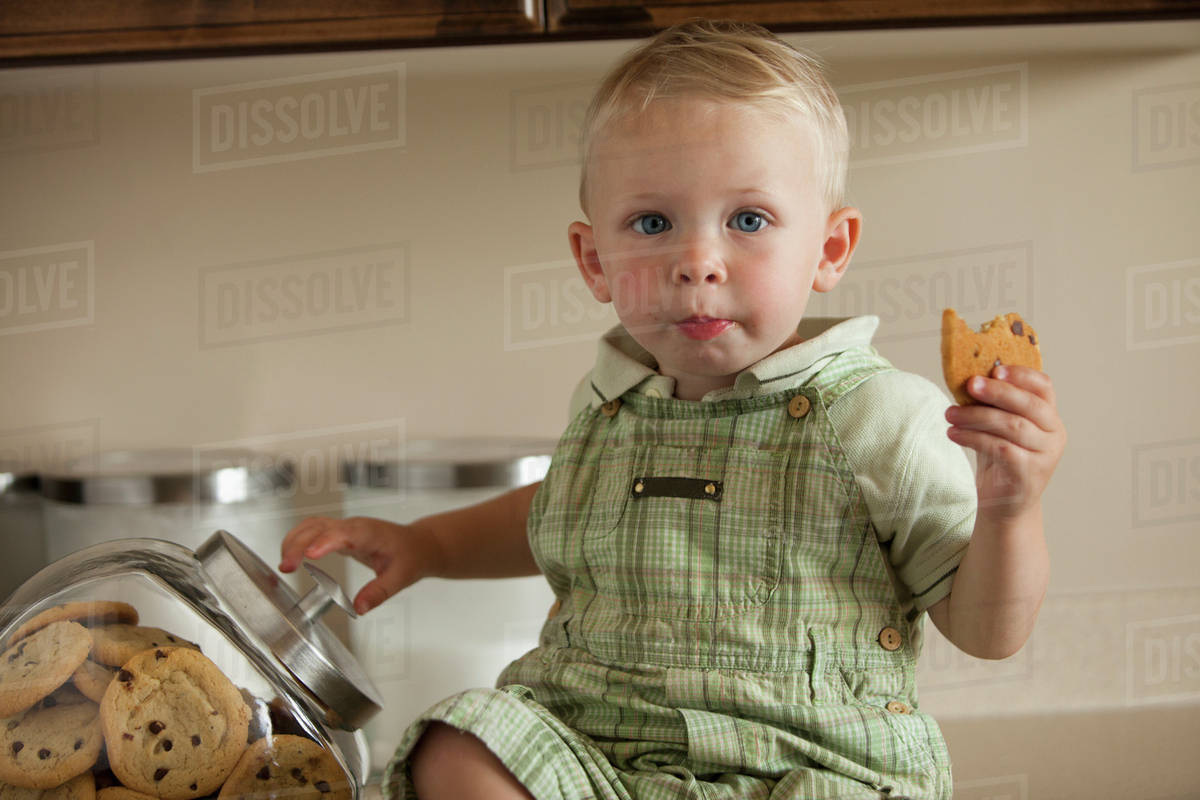 Portrait of baby boy (12-17 months) holding cookie in kitchen - Royalty ...