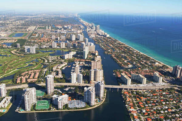 Aerial view of waterfront city - Royalty-free Stock Photo | Dissolve