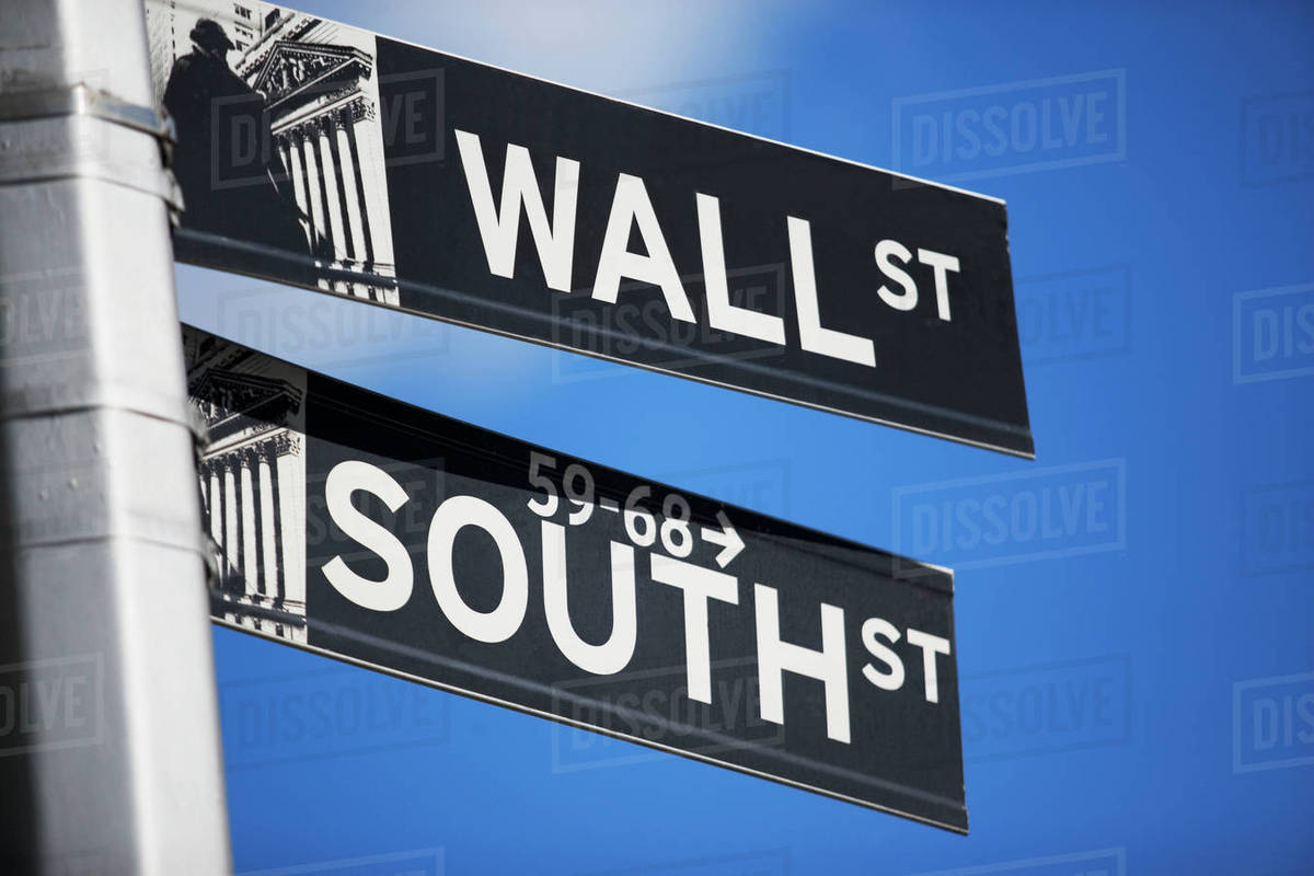 Close up of street signs in the Financial District, New York City ...