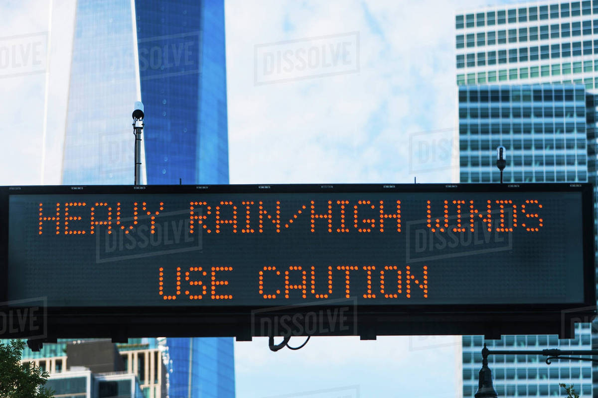 USA, New York State, New York City, Manhattan, Weather warning sign in ...