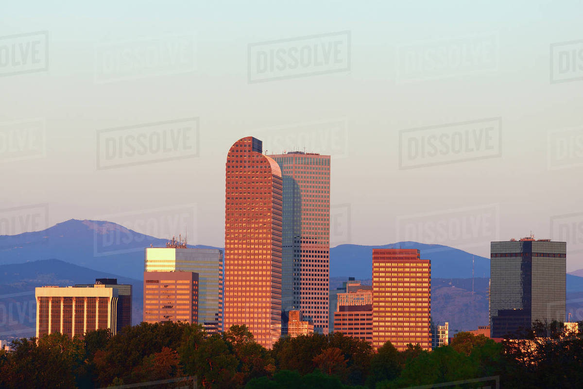 USA, Colorado, Denver, Skyline in background at dawn - Stock Photo ...