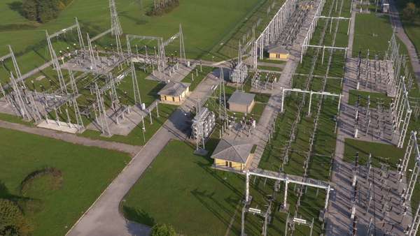 Aerial, outdoor power substation - 4K Royalty-free Stock Video Footage ...