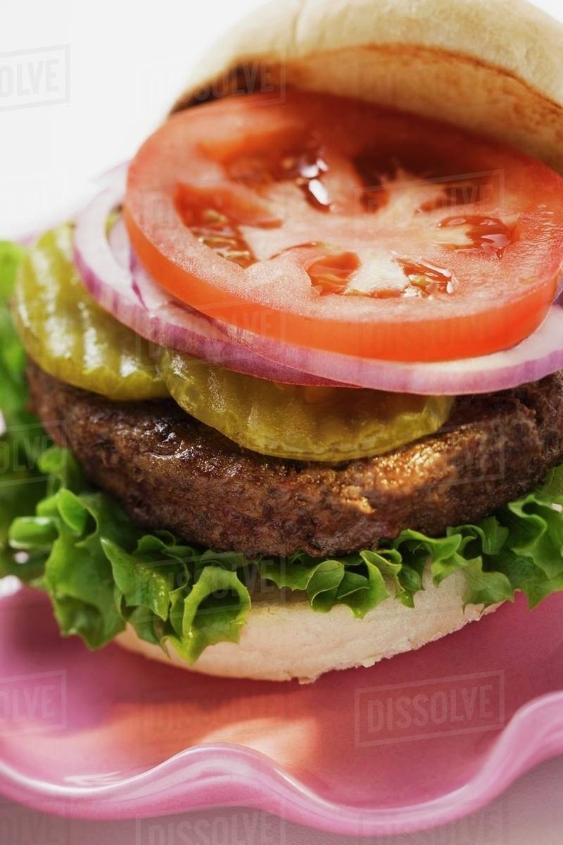 Home-made hamburger with gherkins, onions, tomato - Stock Photo - Dissolve