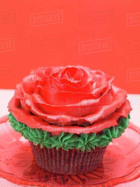 Cupcake with red marzipan rose against red background - Stock Photo ...