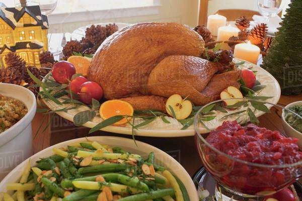 Roast turkey with all the trimmings on Christmas table (USA) - Royalty ...
