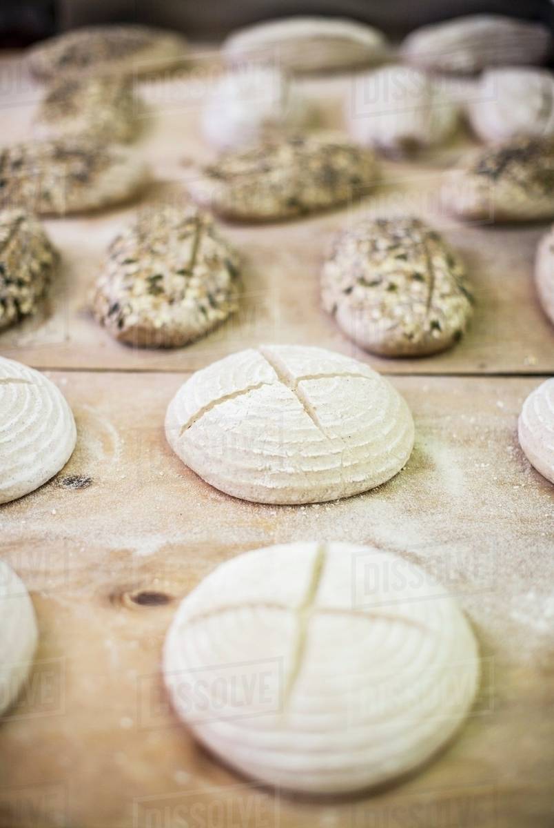 Various loaves of unbaked bread on wooden boards - Royalty-free Stock ...