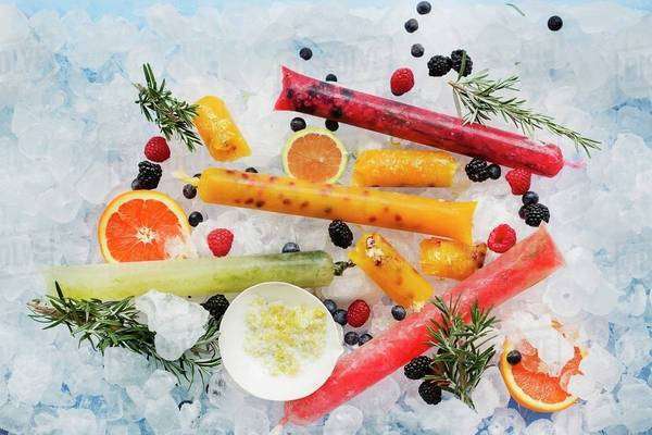 Ice lollies with berries and fruits on ice cubes - Royalty-free Stock ...