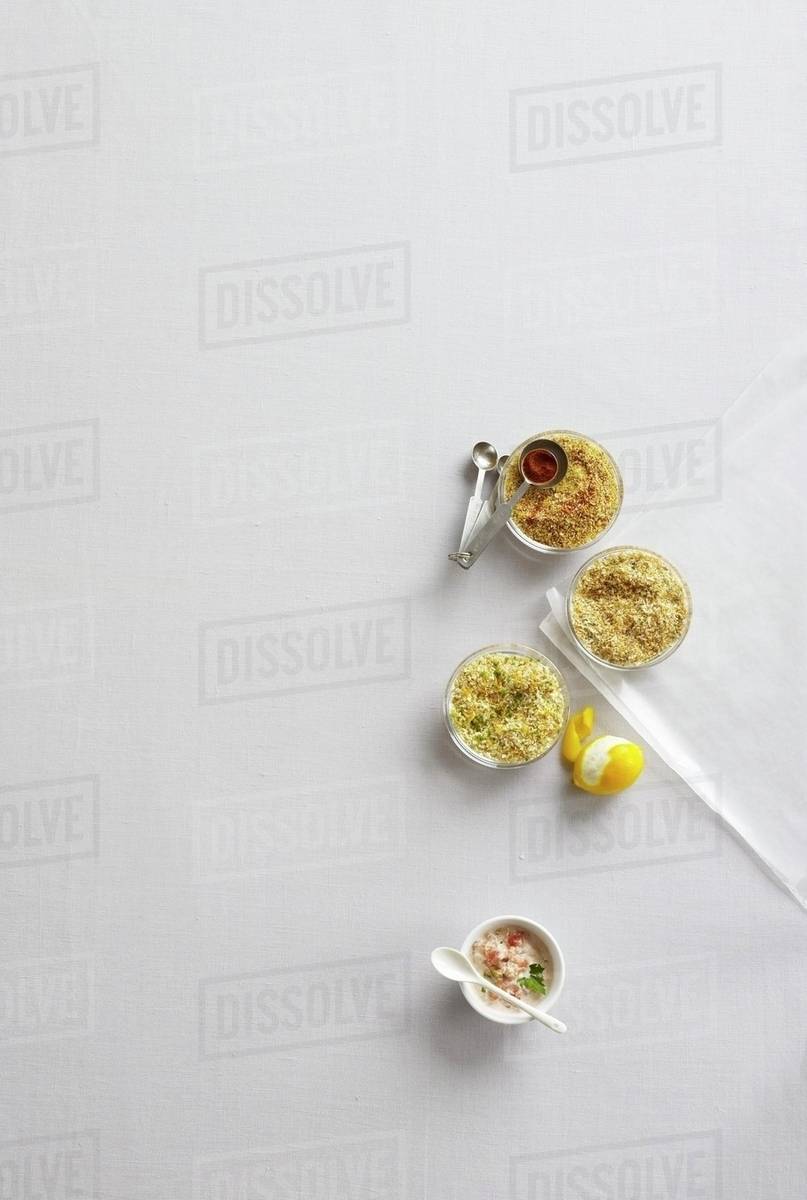 Small bowls of various spices and ingredients (seen from above) - Stock ...