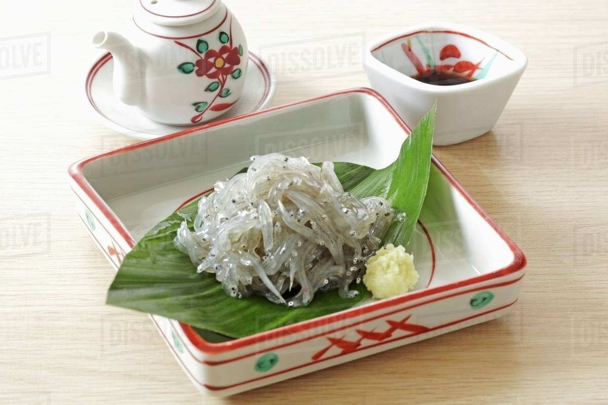 Salangidae sashimi on a leaf (Japan) - Royalty-free Stock Photo | Dissolve