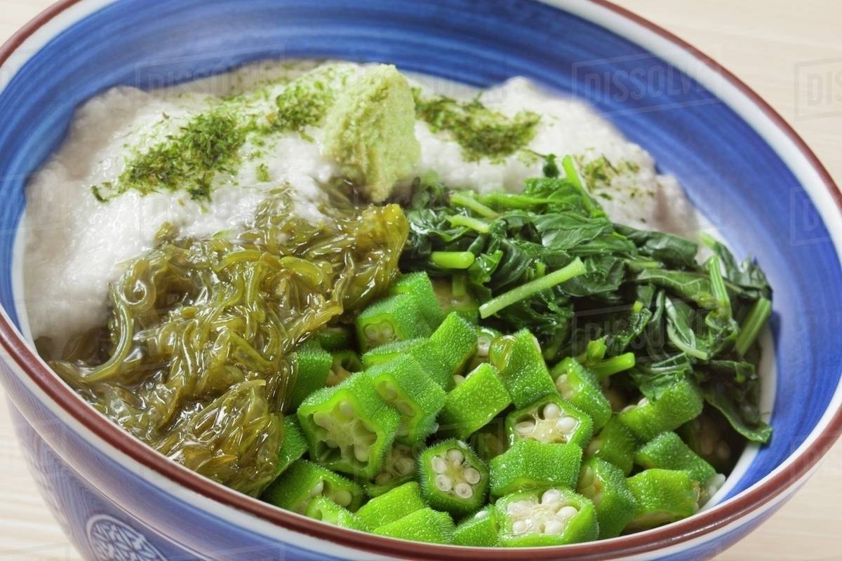Sticky rice with seaweed and okra (Japan) - Stock Photo - Dissolve