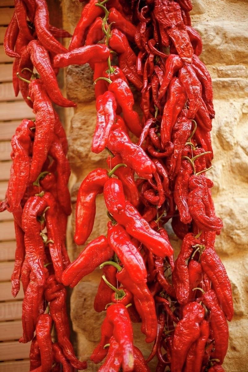 Strings of red peppers on the market wall in Laguardia, Spain - Royalty ...
