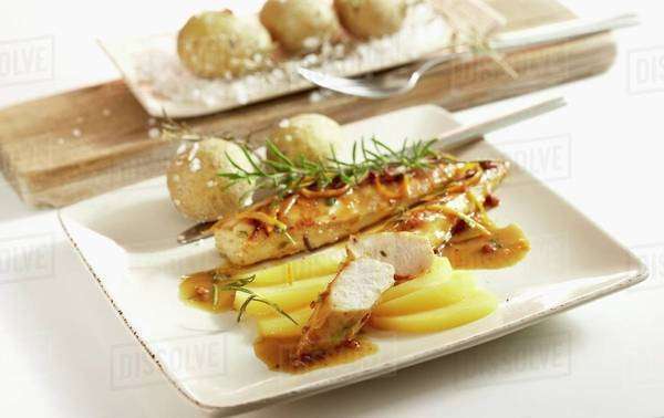 Rabbit fillet with quince and potatoes - Royalty-free Stock Photo ...