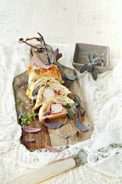 Rabbit fillet with bacon and sage wrapped in puff pastry - Royalty-free ...
