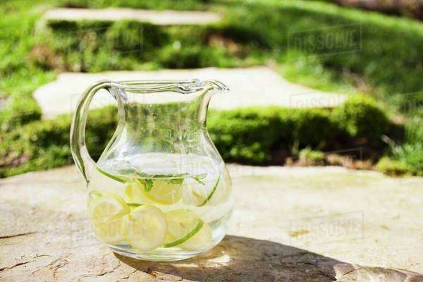 A Pitcher of Water with Lemon and Lime slices Frozen in ice cubes ...