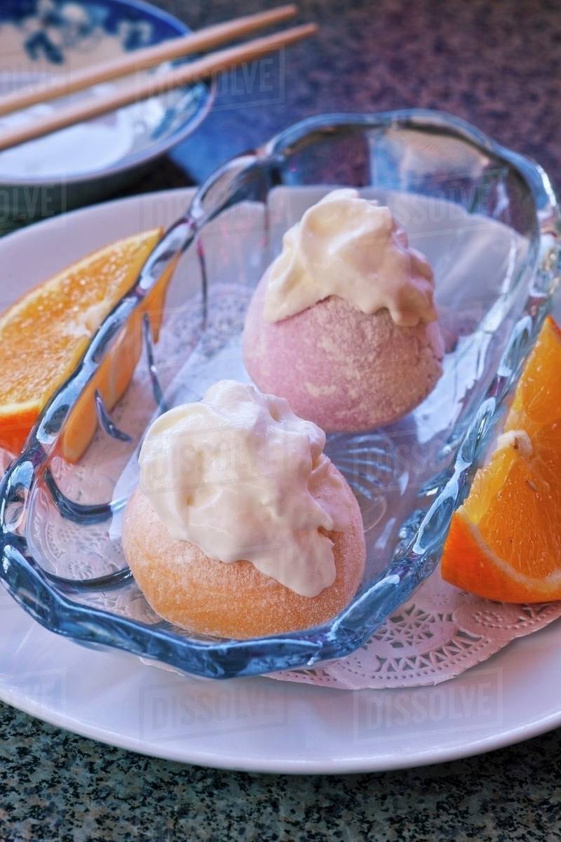 Mango and strawberry flavoured Japanese mochi ice cream - Royalty-free ...