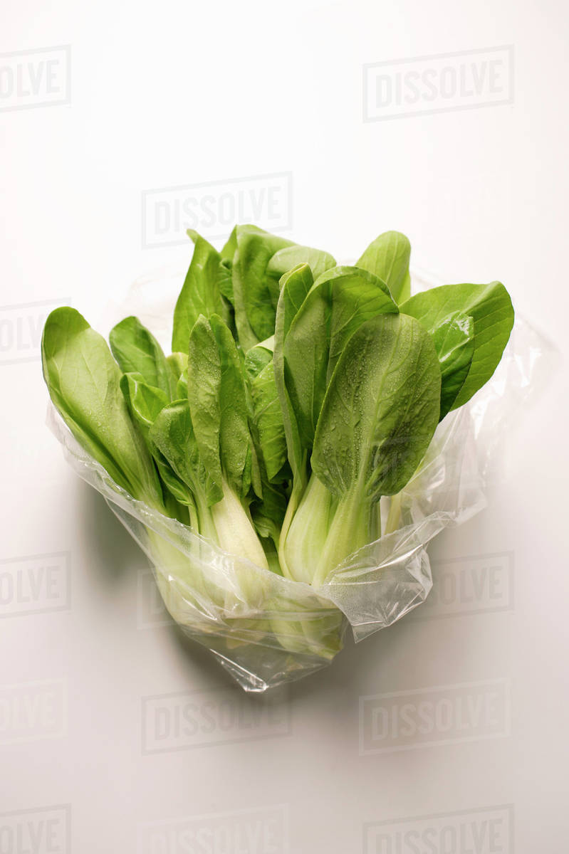 Several baby pak choi in plastic bag - Stock Photo - Dissolve