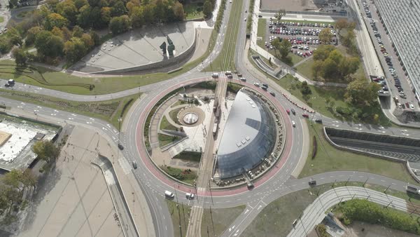 Aerial time lapse of roundabout in Katowice, Poland. Camera moves ...