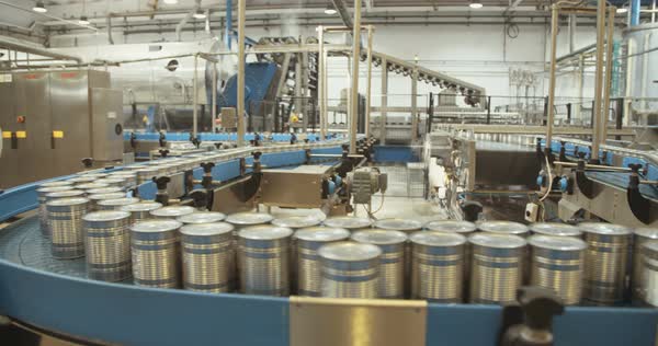Canned food production facility with cans of corn moving on conveyors ...