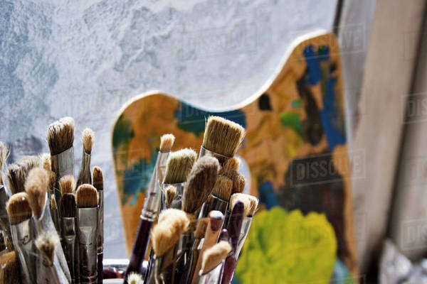 Various paint brushes, close-up - Stock Photo - Dissolve