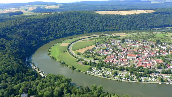 Aerial view of river loop Neckar, Binau, Baden-Wuerttemberg, Germany ...