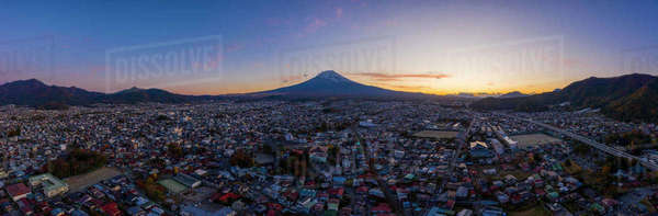 Aerial view panorama of mount Fuji in city at Fujiyoshida, Yamanashi ...