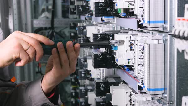 Electrician connects wires. Professional electrical works at industrial ...