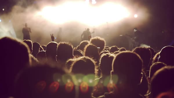 Crowd cheering and clapping at a night rock concert with flashing ...