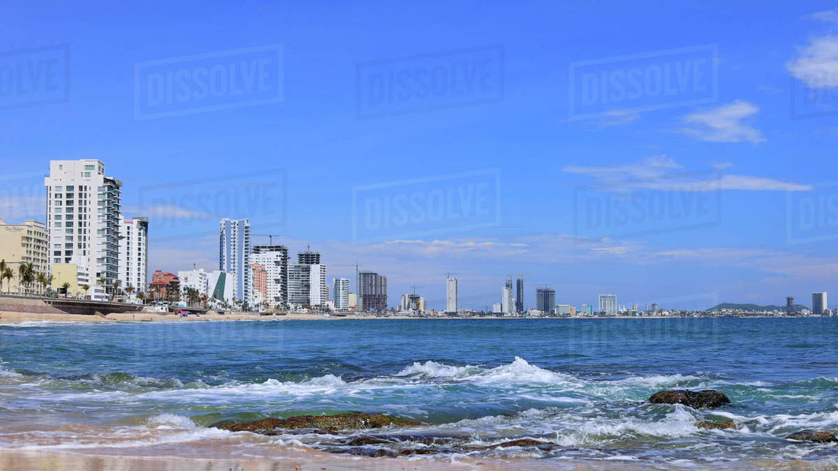 Panoramic view of Mazatlan sea promenade and waterfront El Malecon with ...