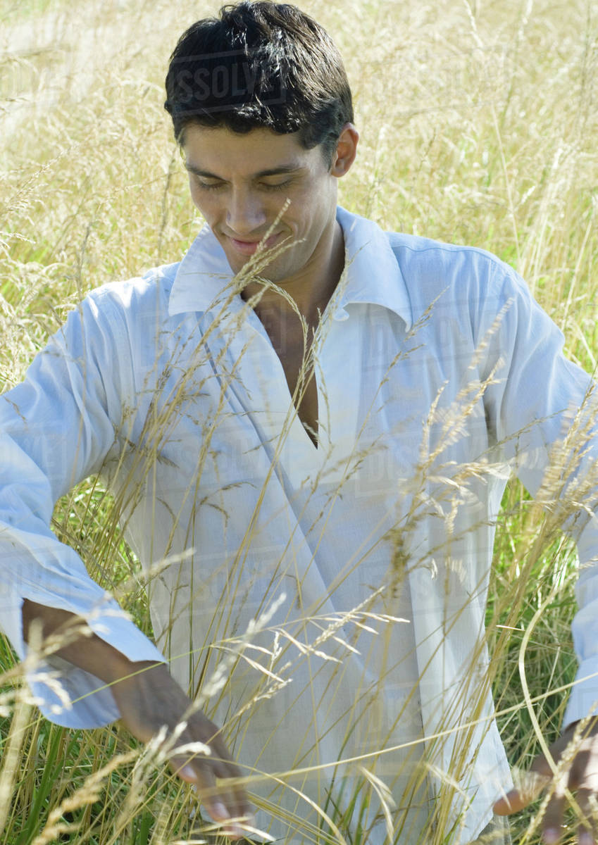 Man walking through field, touching tall grass - Royalty-free Stock ...