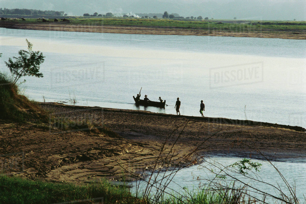 Myanmar (Burma), landscape with fishermen and canoe - Royalty-free ...
