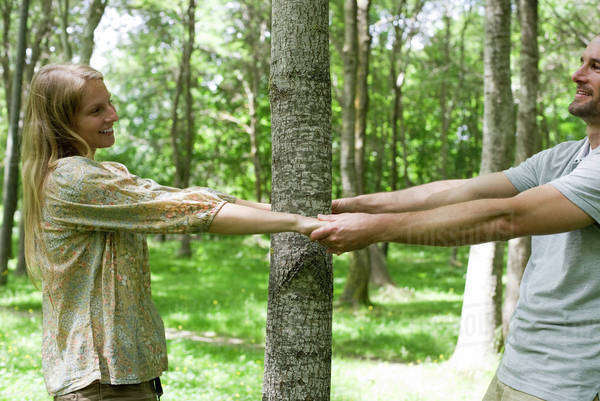 Couple holding hands around tree trunk - Royalty-free Stock Photo ...