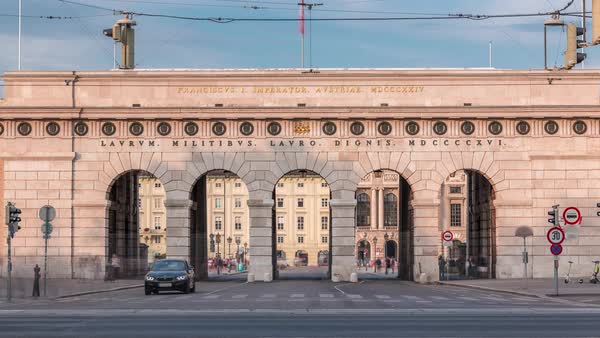 Exterior of outer castle gate (Burgtor) from Ringstrasse timelapse in ...